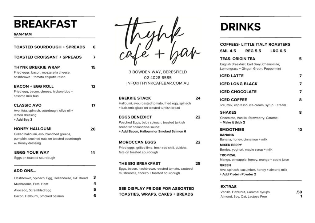 Menu – THYNK Cafe + Bar in Newcastle, New South Wales