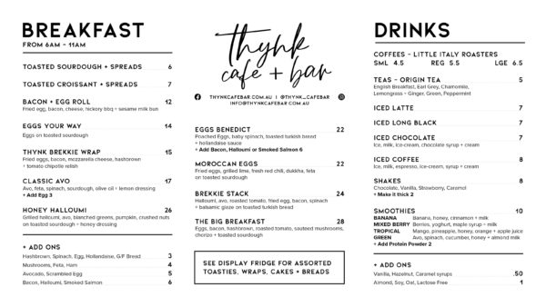 Menu – THYNK Cafe + Bar in Newcastle, New South Wales