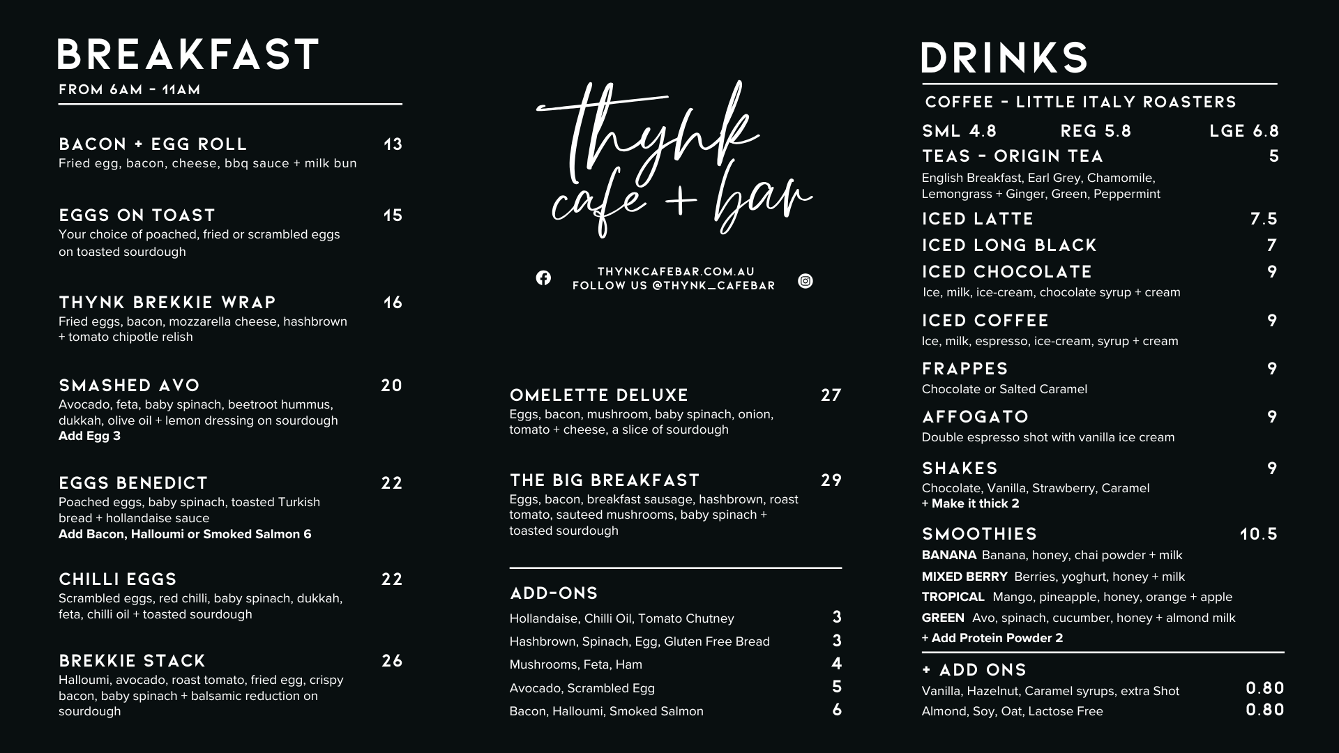 Menu – THYNK Cafe + Bar in Newcastle, New South Wales